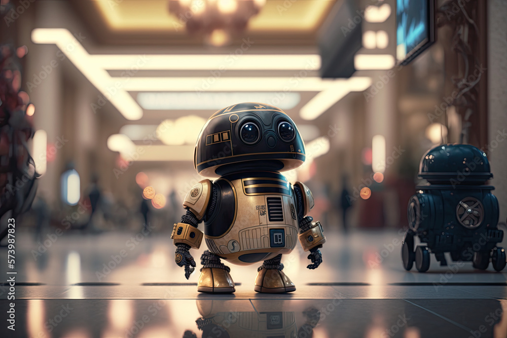 A cute and adorable robot, cyborg, android mall security patrolling the ...