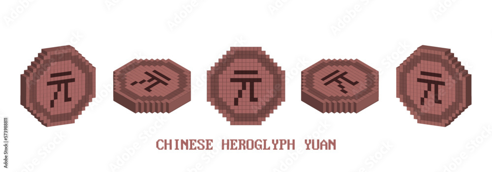 Vector set of 3d square coins made of pixels. Volumetric corner token ...