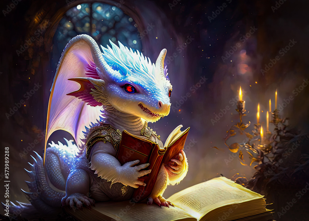 Cute baby white dragon reading a book, Illustration, generative ai ...