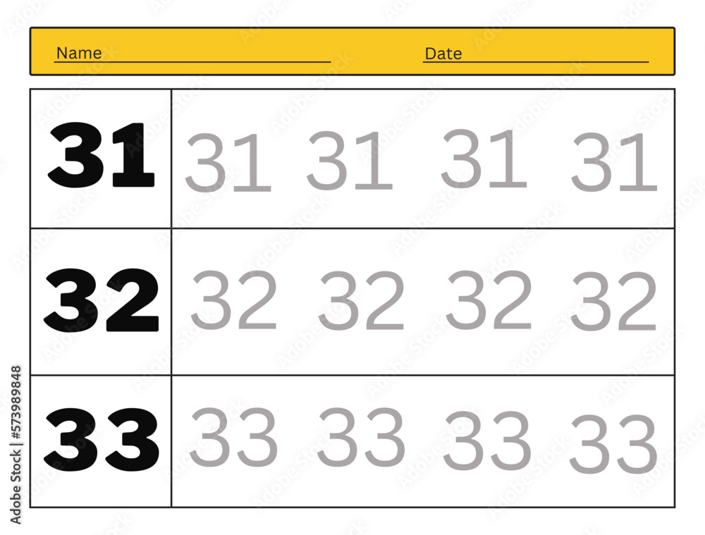 The practice of writing numbers 31, 32, 33. Tracking worksheet count ...