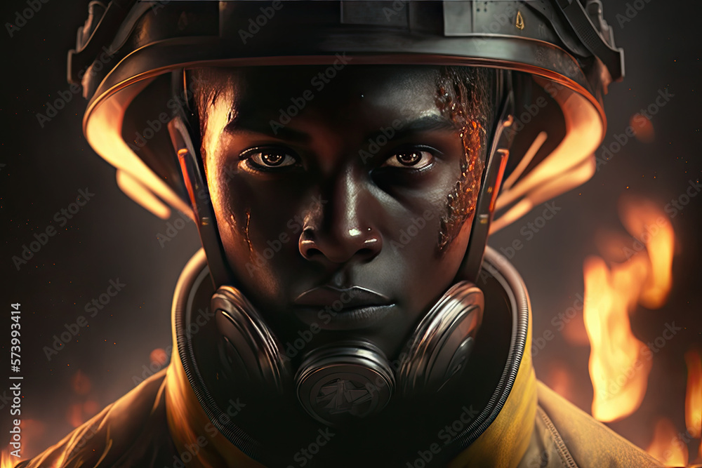 Heroic robot, android, droid, cyborg firefighter putting out hot flames ...