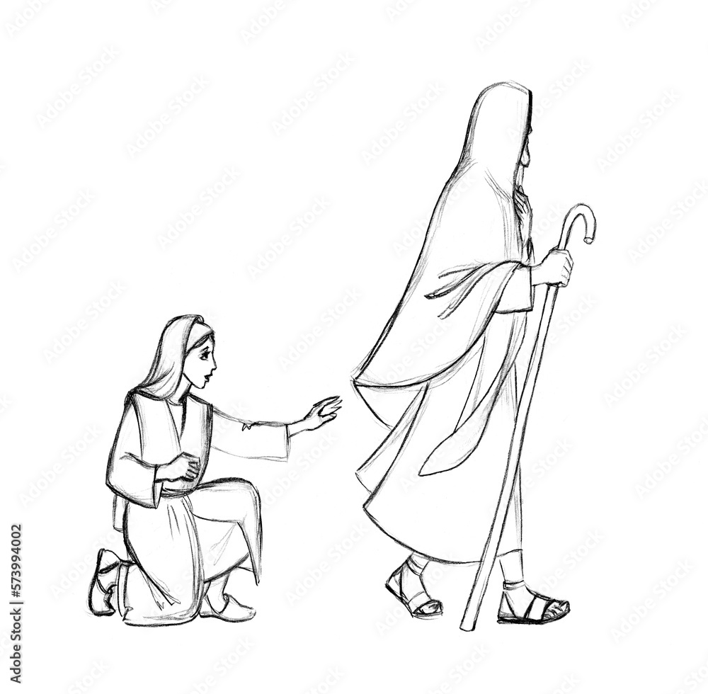 Pencil drawing. The woman touched the clothes of Christ, to be healed ...