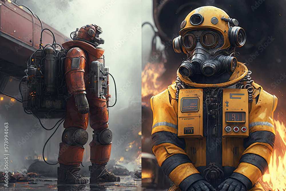 Heroic robot, android, droid, cyborg firefighter putting out hot flames ...