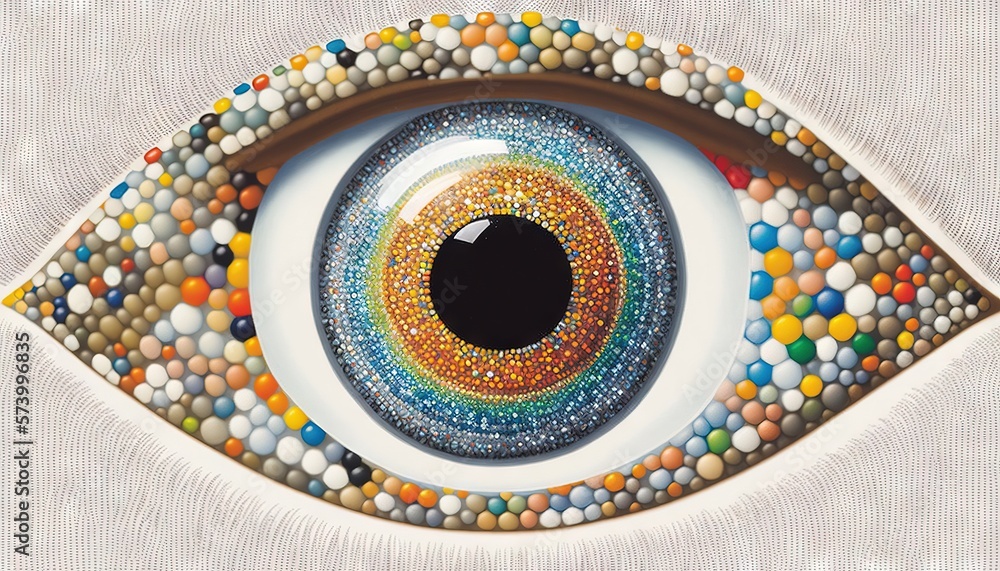 a painting of an eye with a lot of dots on it's iris and a black hole ...