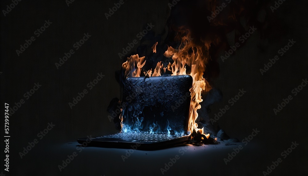 a laptop is on fire in a dark room with a black background and a black ...