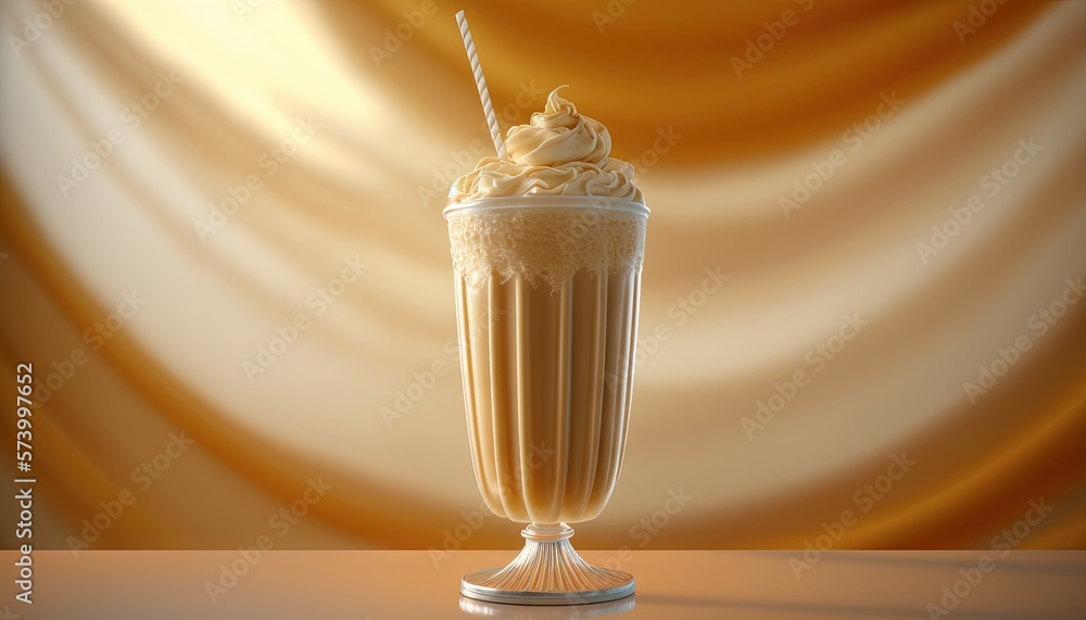 a tall glass of milkshake with a straw in it on a table in front of a ...