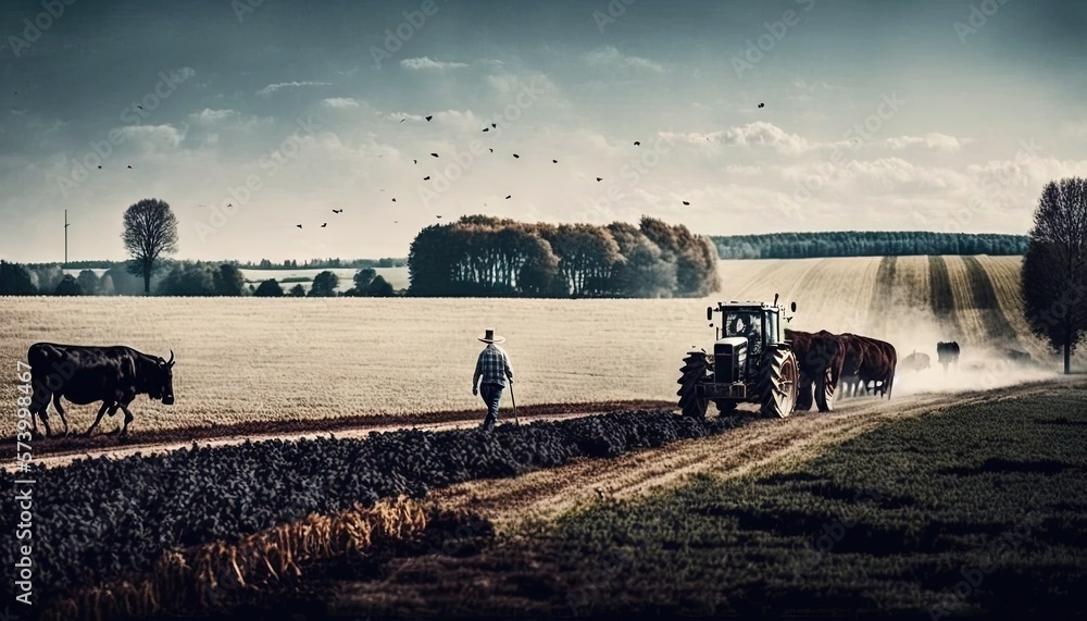 a farmer and his cows are being pulled by a tractor on a farm road by a ...