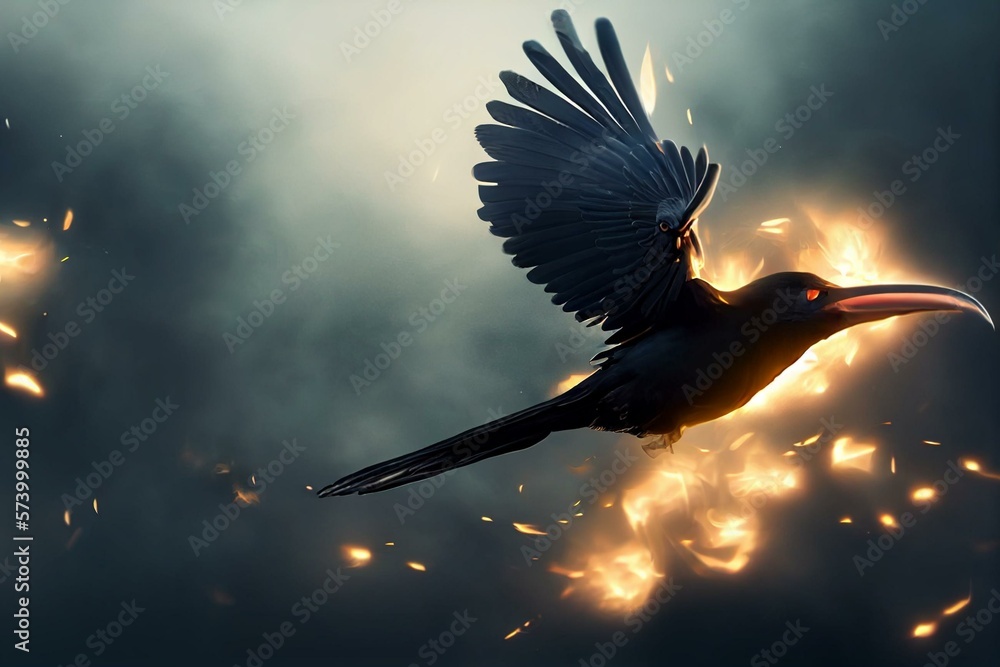 Black raven flying. Black crow. Evil bird. Glowing wings. Misty and ...