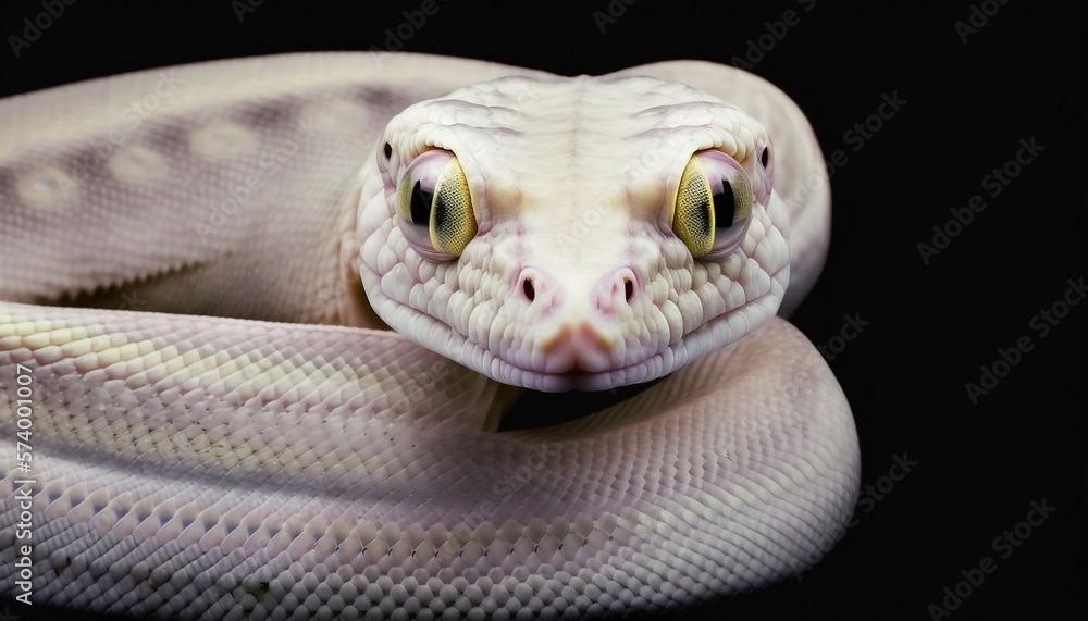 a close up of a white snake on a black background with a black ...