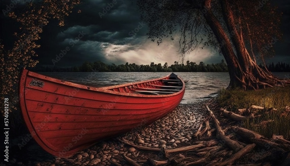 a red boat sitting on top of a river next to a tree filled shore under ...