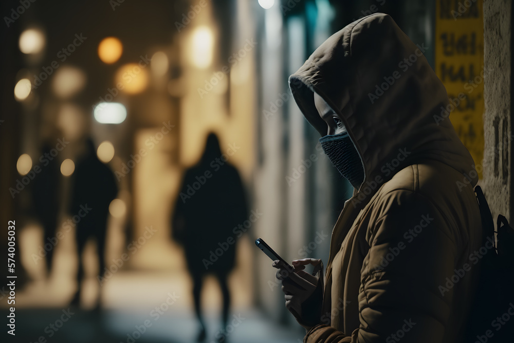 Criminal haunts woman, mafia bandit committing crime in dark street ...