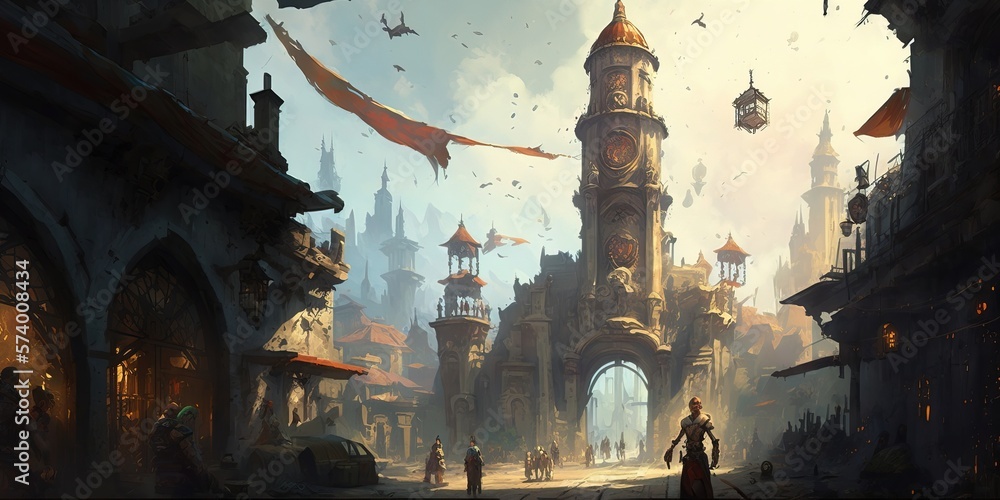 Concept art featuring fantasy castle in the middle ages. Medieval city ...