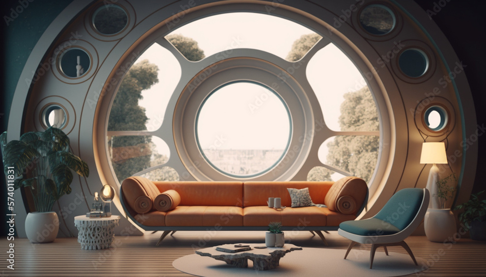 Futuristic Living Room With View Of Nature through a Circle Shaped ...