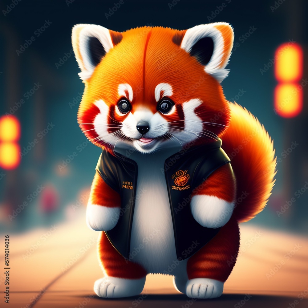 cute small humanoid cat red panda, fighting pose, wearing urban street ...