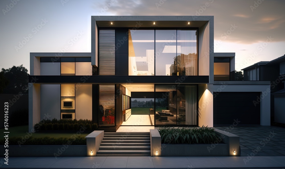 a modern house with a lot of windows and a staircase leading up to it ...
