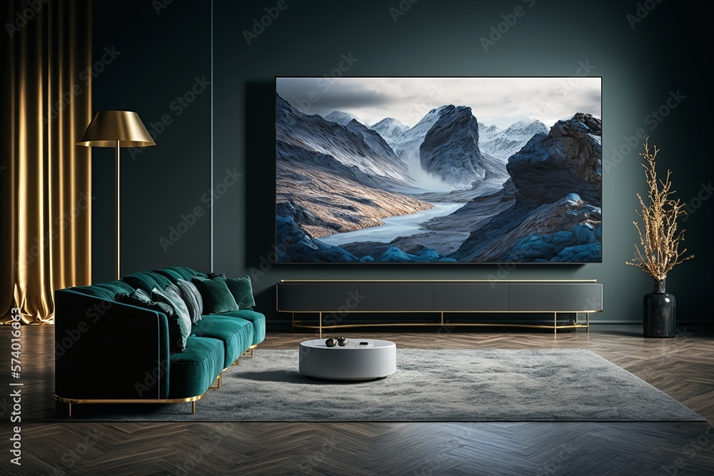 Big TV wall screen in modern living room, television set in luxury ...