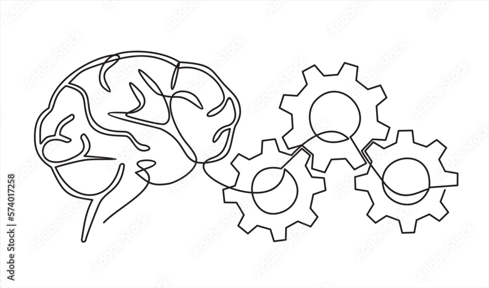 continuous line drawing of big human brain and gears Stock Vector ...