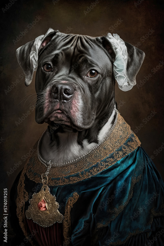 Anthropomorph dog dressed in historical costume. Bullmastiff. Lady ...