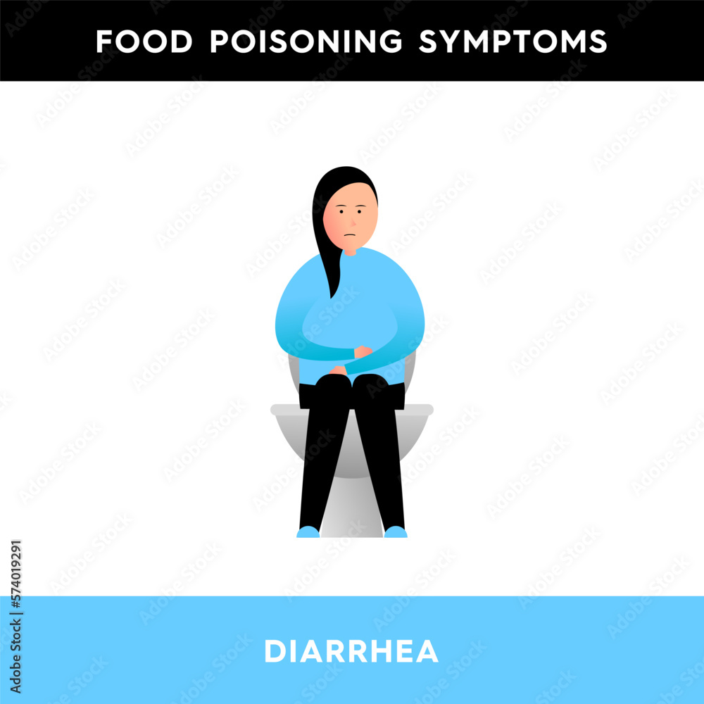 Vector illustration of a girl who sits on the toilet. The person has symptoms of food poisoning ...