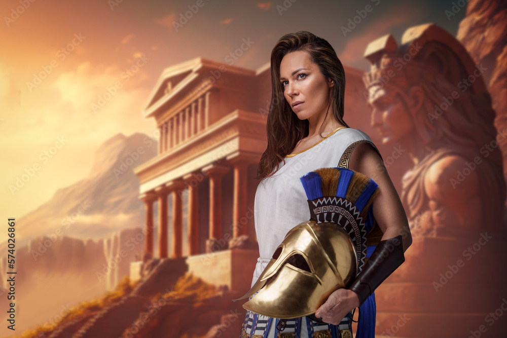 Art of brave female soldier from antique greece against ancient ...