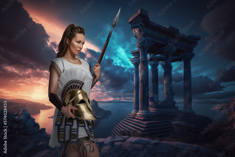 Art of greek female warrior with golden helmet and spear against dark ...
