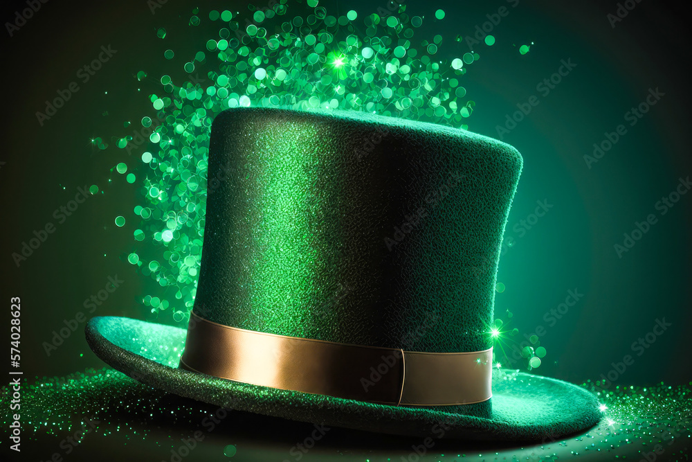Shiny Leprechaun hat with glitter and a ribbon for Irish Saint Patrick's Day holiday. Isolated ...