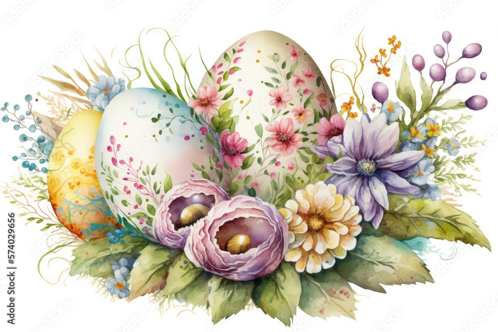 Decorated easter eggs in the grass with spring flowers, watercolor ...