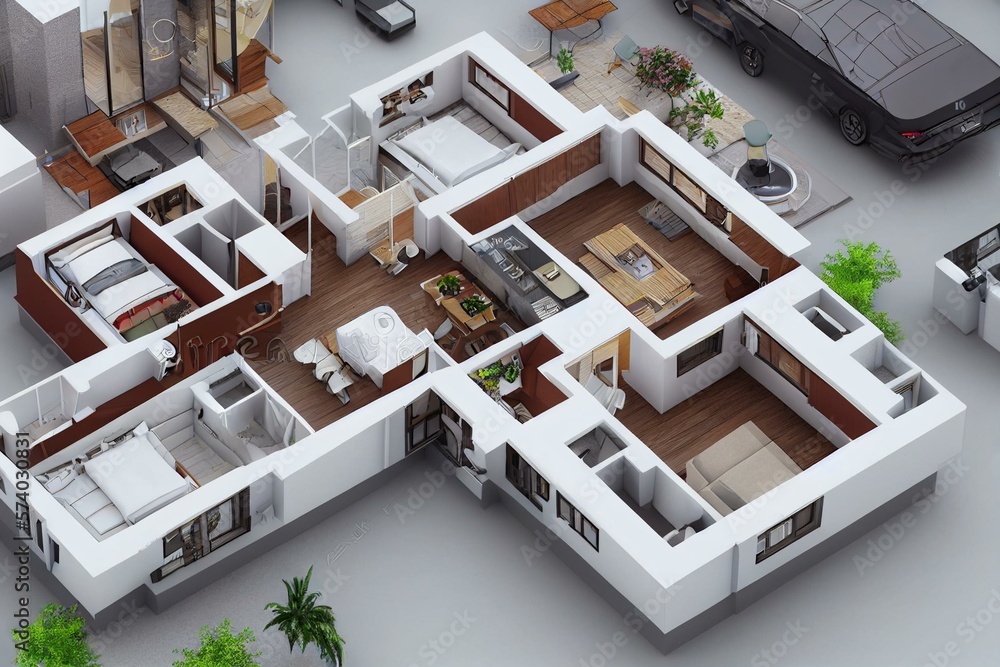 3D rendering floor plan of architecturally furnished residential apartment top view. Bedrooms ...