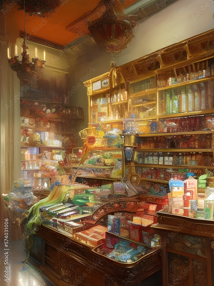 The interior of an old fashioned candy store with jars of sweets and ...
