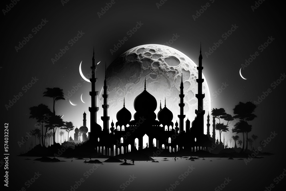 Dramatic islamic mosque background with black and white colour design ...