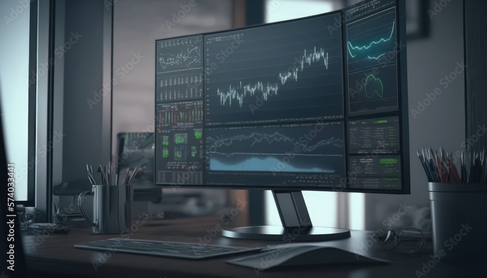 Stock Market Trader Workplace with Computer Monitor Showing Financial ...
