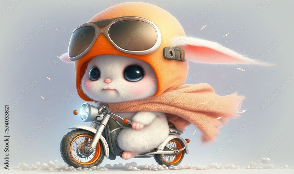 a cute little bunny riding a motorcycle with a scarf on it's head and ...