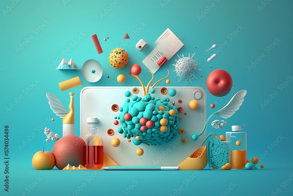 doctor's desk, digital laptop screen with a projection of human anatomy ...