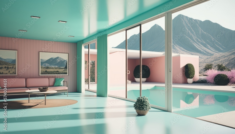 1970s Retro Luxury Pool Villa Interior with Modern Minimalist Style and ...
