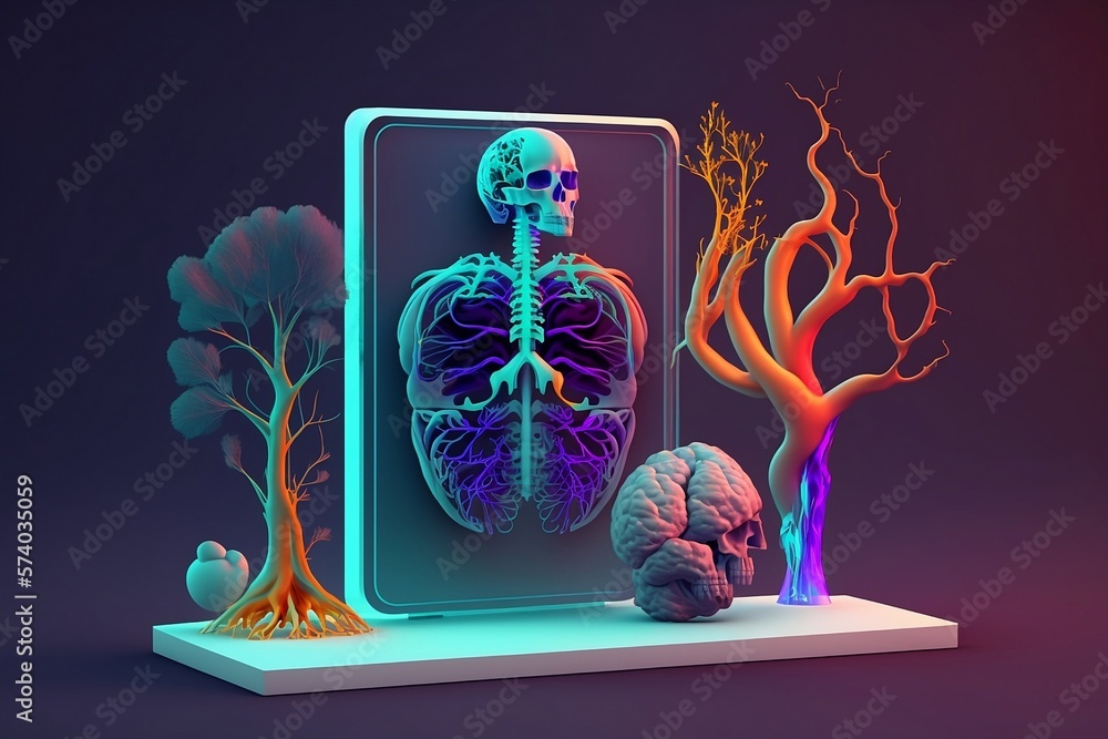 doctor's desk, digital laptop screen with a projection of human anatomy ...