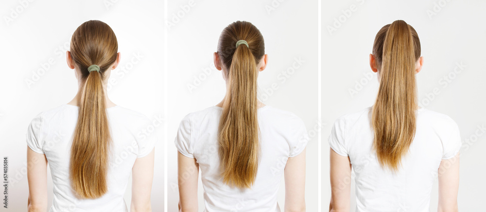 Closeup woman before after ponytails back view isolated white ...