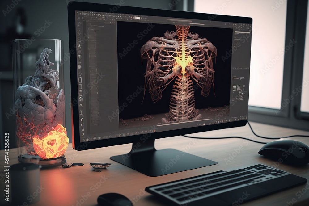 doctor's desk, digital laptop screen with a projection of human anatomy ...