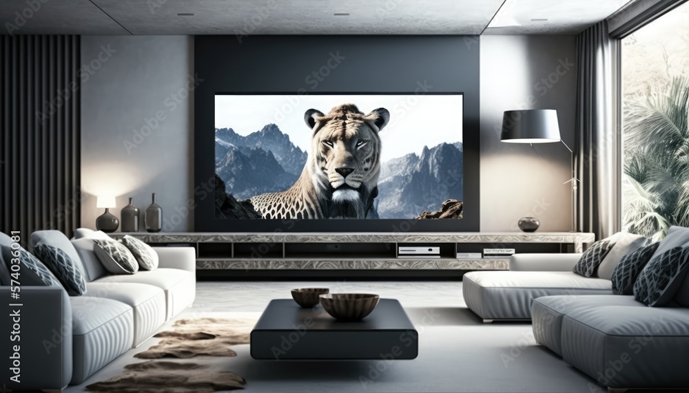 Big TV wall screen in modern living room, television set in luxury ...