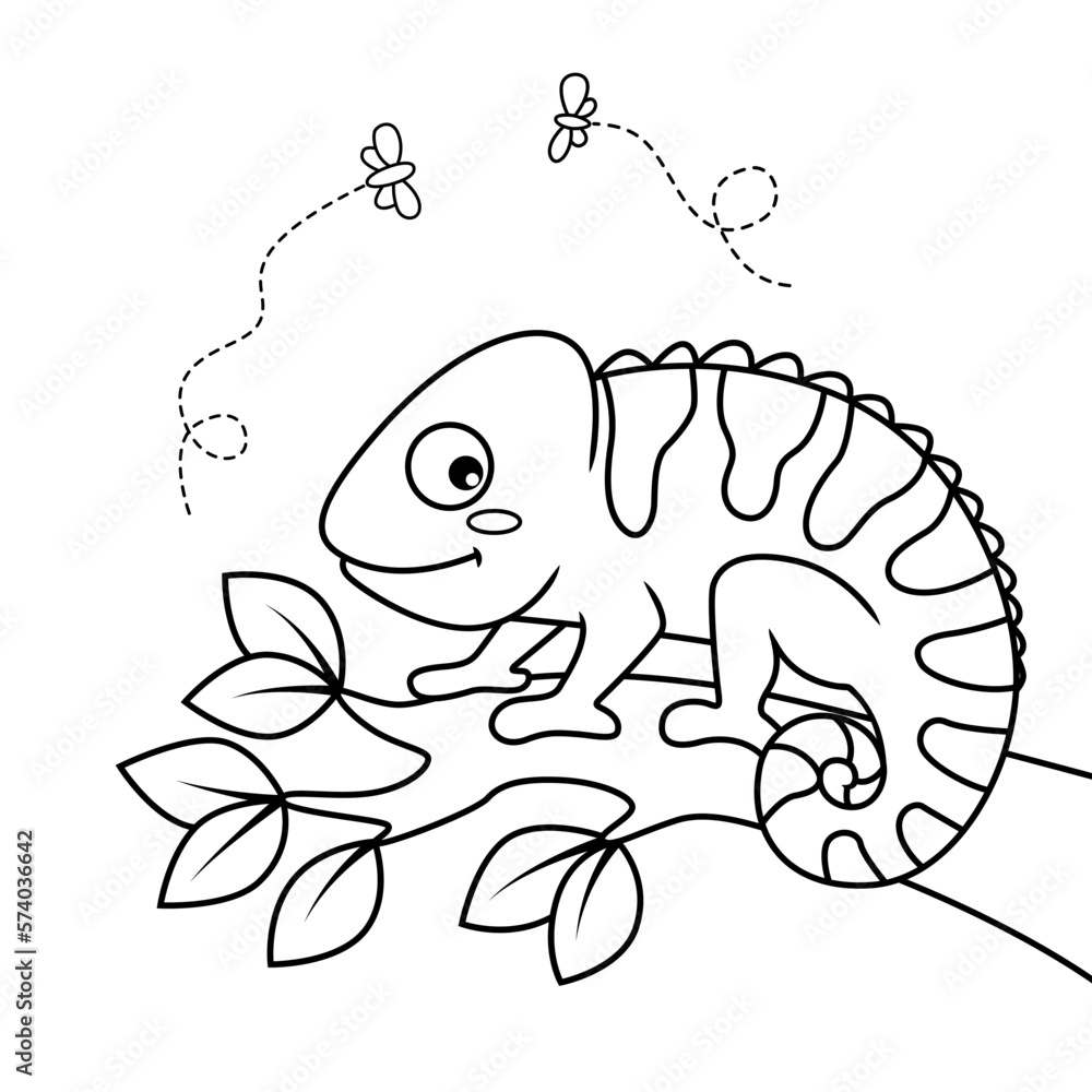 Cute cartoon chameleon. Black and white vector illustration for coloring book Stock Vector ...