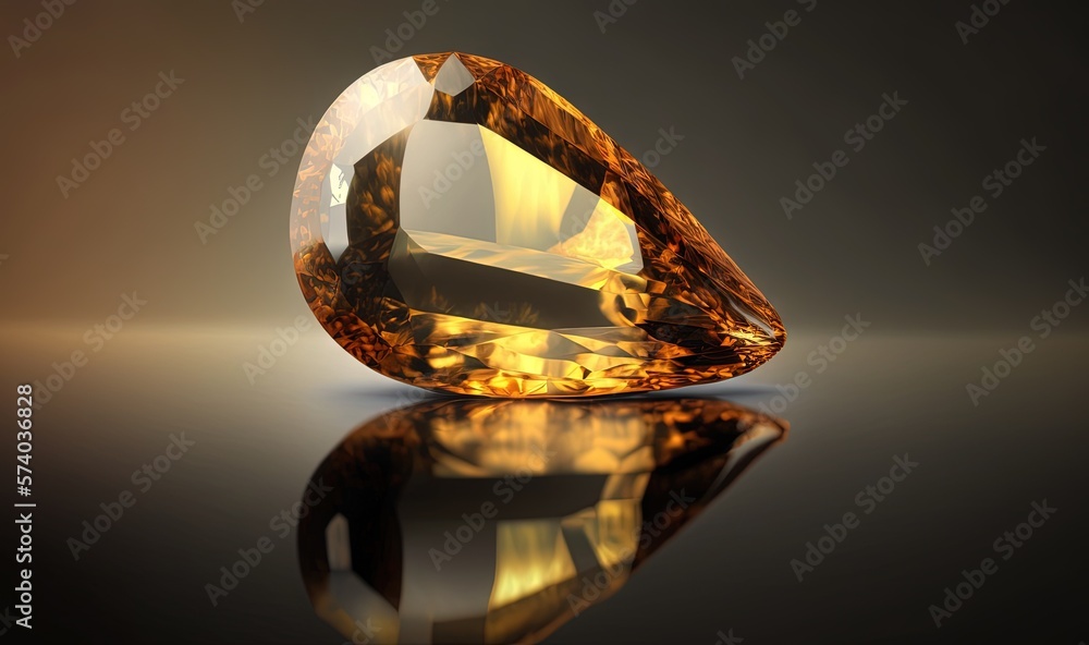 a fancy yellow diamond on a reflective surface with a reflection on the ...