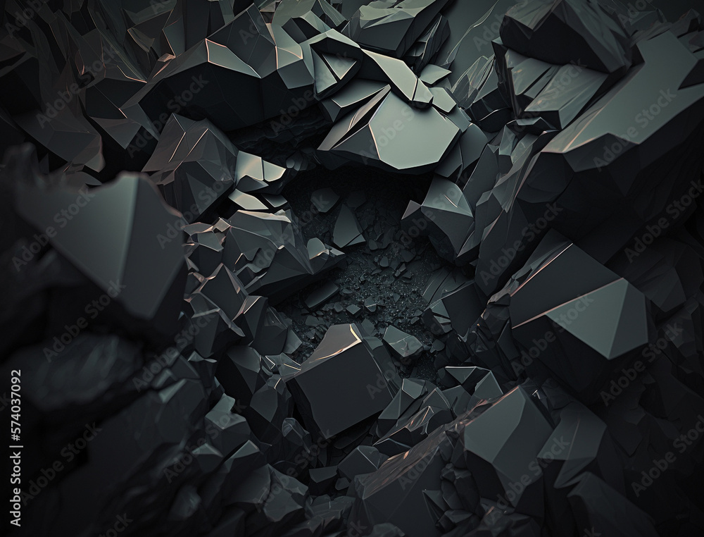 Abstract Black Crumbled Rock Background with dramatic lighting. For ...