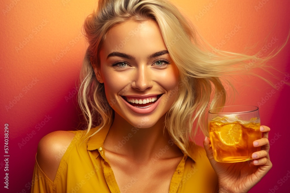 Smiling caucasian tipsy woman with a drink. Beautiful woman portrait on ...