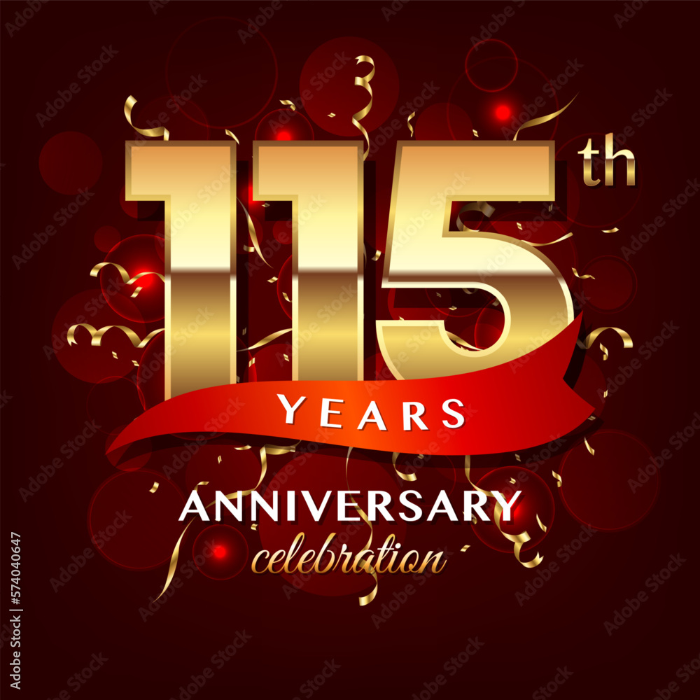 115th Anniversary logo design with golden number and red ribbon for ...