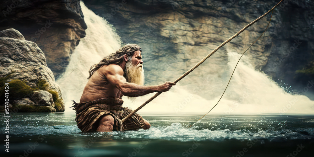 Ancient caveman fishing in a river. Prehistoric era hunting of a ...