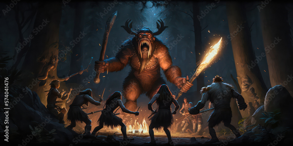 Ancient prehistoric people fighting a monster. A group of neanderthals ...