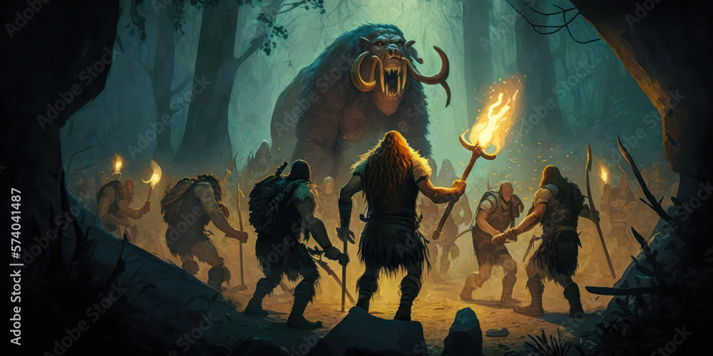 Ancient prehistoric people fighting a monster. A group of neanderthals ...