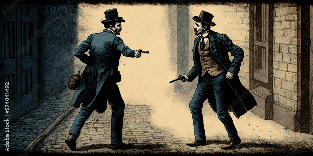 Two gentlemen from the 19th century wearing top hats face each other in ...