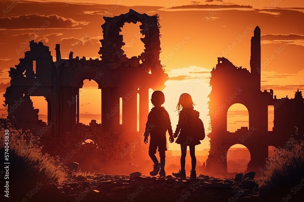 Couple of refuge kids looking at ruins of their hometown. Natural ...