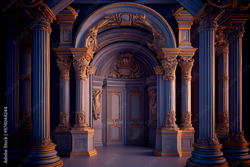 Columns and a golden luxury classic arch. the baroque style portal. The ...