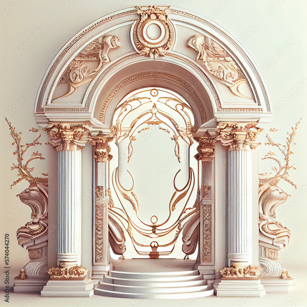 Columns and a golden luxury classic arch. the baroque style portal. The ...